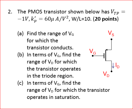 Solved 2. The PMOS transistor shown below has VTp IV, k,-60? | Chegg.com