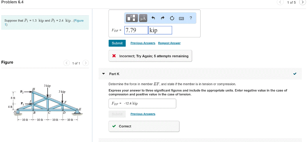 Solved 1 of 5> Problem 6.4 Suppose that Pl = 1.3 kip and 1) | Chegg.com