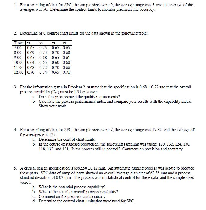 Solved 1. For a sampling of data for SPC, the sample sizes | Chegg.com