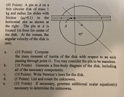 A pin at A on a thin circular disk of mass 1 kg and | Chegg.com