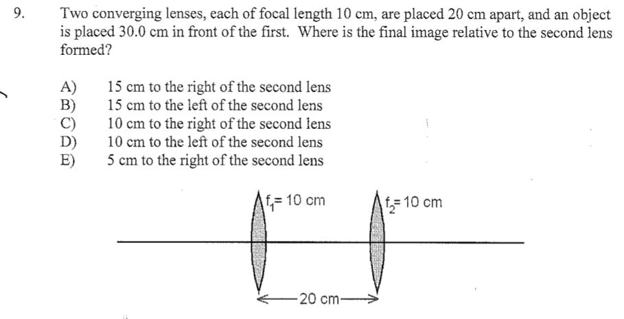 Solved 9. Two converging lenses, each of focal length 10 cm, | Chegg.com
