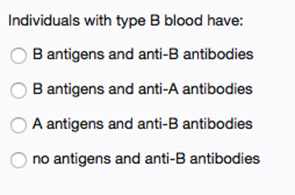 Solved Individuals with type B blood have: B antigens and | Chegg.com