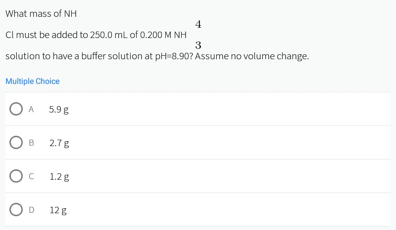 Solved What mass of NH 4 Cl must be added to 250.0 mL of | Chegg.com