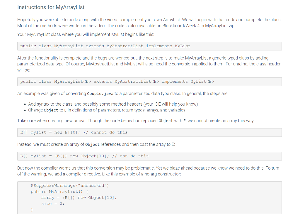 Instructions for MyArrayList Hopefully you were able | Chegg.com