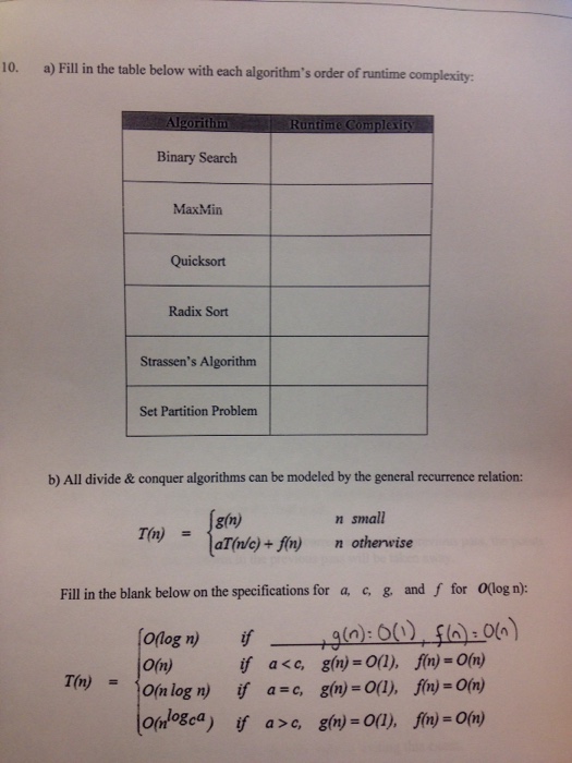 Solved a) Fill in the table below with each algorithm's | Chegg.com