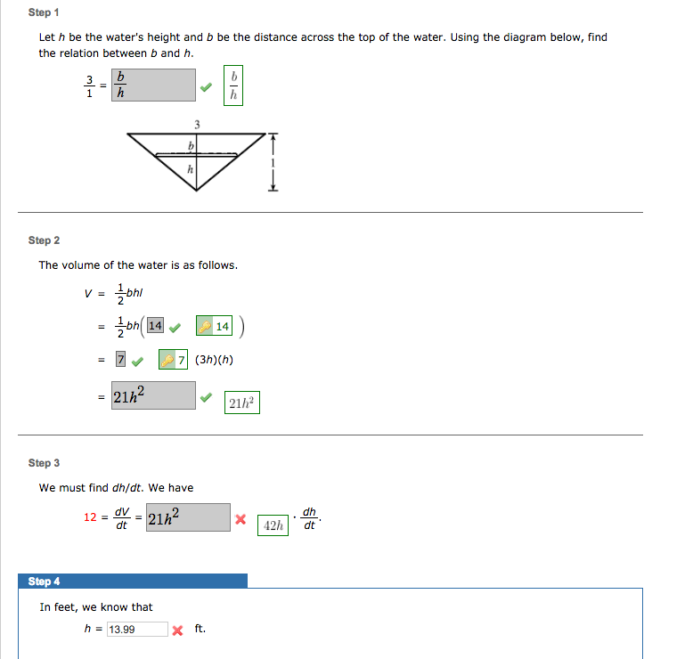 Solved Step 1 Let h be the water's height and b be the | Chegg.com