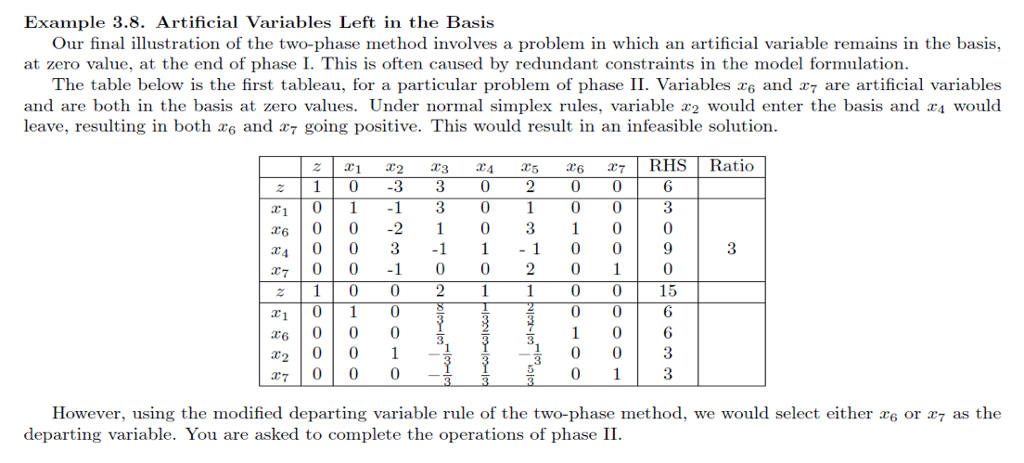 Example 3.8. Artificial Variables Left in the Basis | Chegg.com