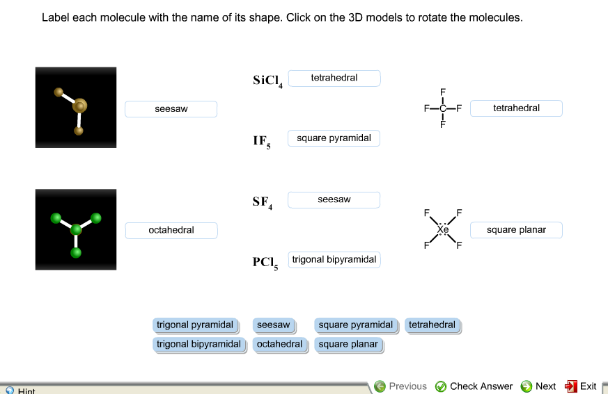 Label each molecule with the name of its shape. Click | Chegg.com