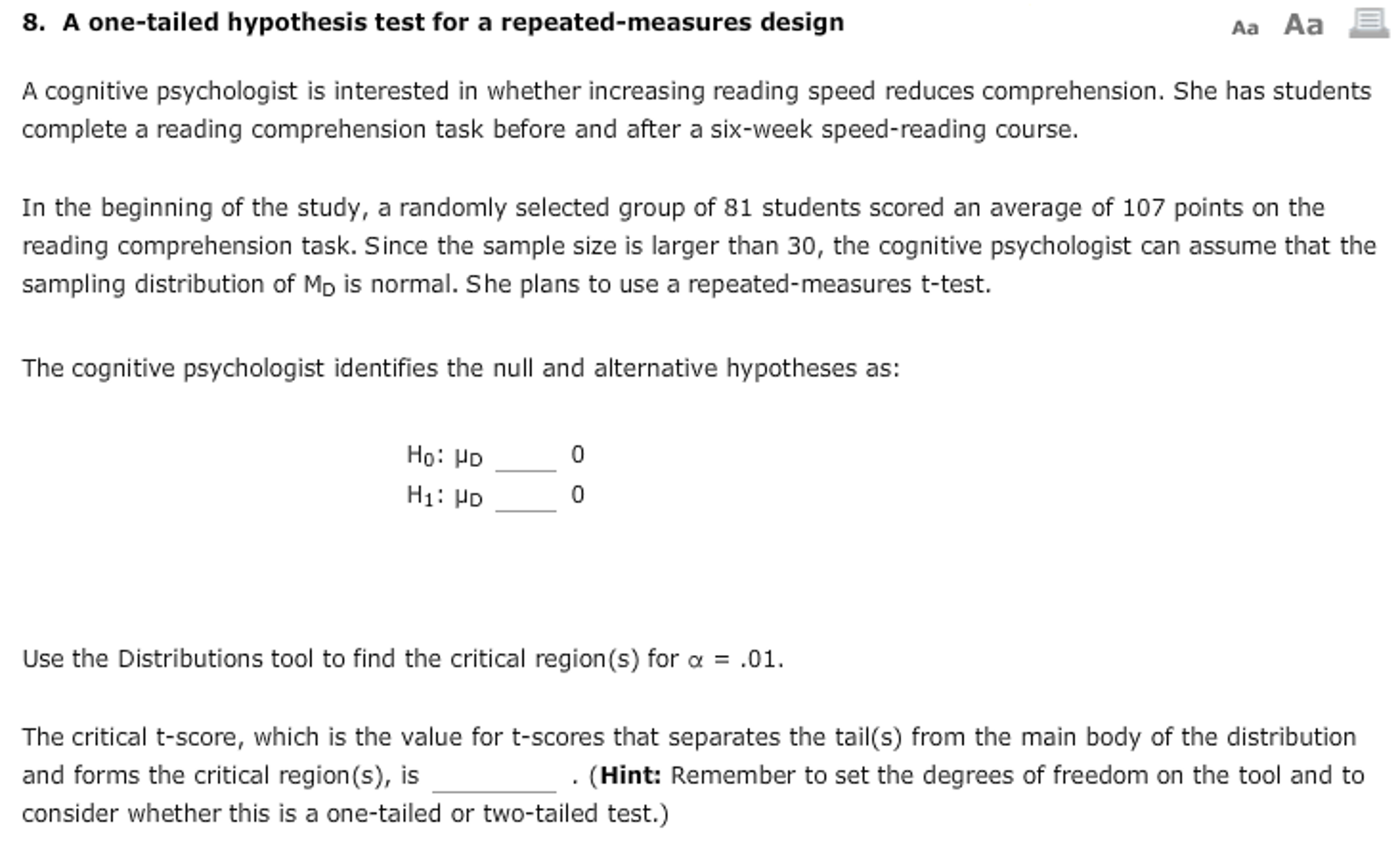 Aa Aa E. 8. A one-tailed hypothesis test for a | Chegg.com