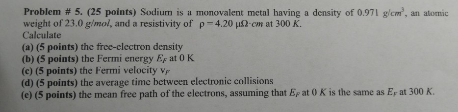 Solved Problem # 5. (25 points) Sodium is a monovalent metal | Chegg.com