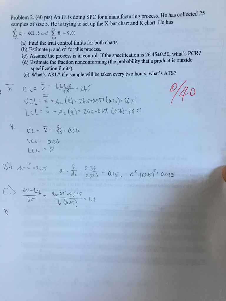 Problem 2. (40 pts) An IE is doing SPC for samples of | Chegg.com Problem 2. (40 pts) An IE is doing SPC for samples of | Chegg.com