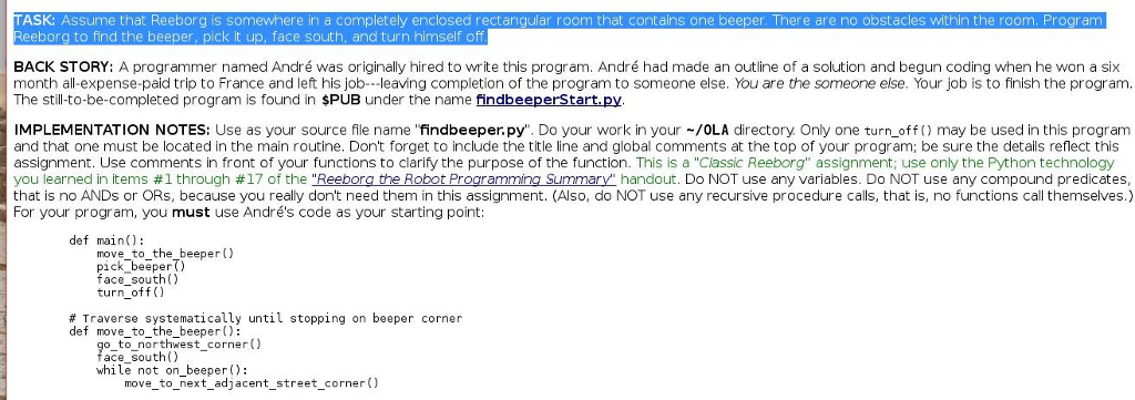 TASK: Assume that Reeborg is somewhere in a | Chegg.com