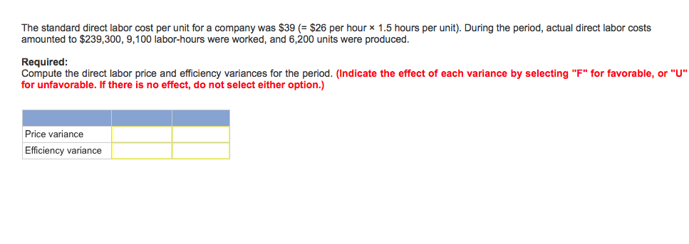 Solved The standard direct labor cost per unit for a company | Chegg.com