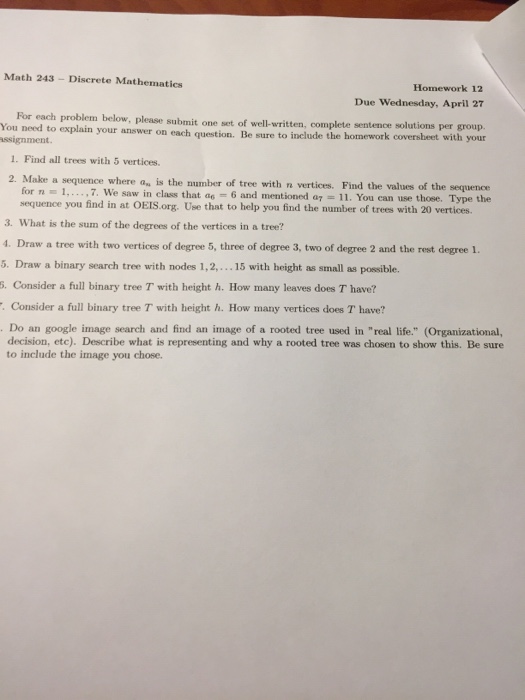 Solved Math 243 Discrete Mathematics Homework 12 Due | Chegg.com