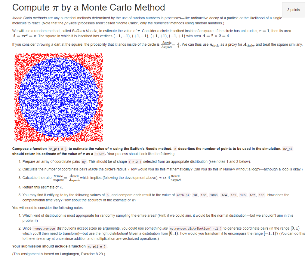 Compute π By A Monte Carlo Method 3 Points Monte