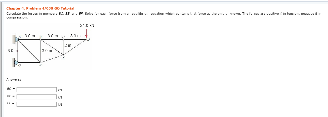 Solved Calculate the forces in members BC, BE, and EF. Solve | Chegg.com