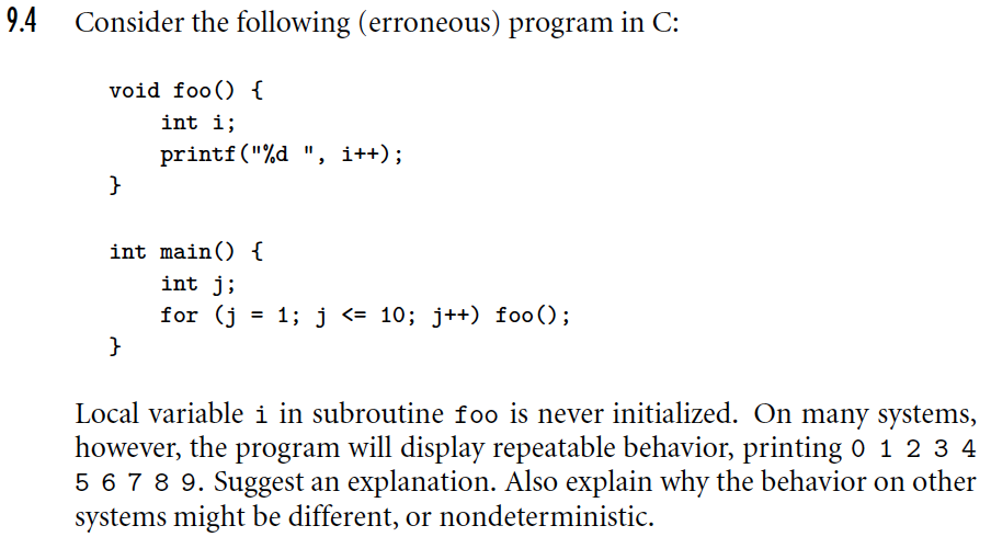 Solved 9.4 Consider the following (erroneous) program in C: | Chegg.com