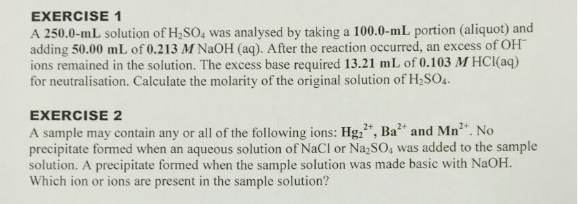 Solved A 250.0-mL solution of H2SO4 was analysed by taking a | Chegg.com