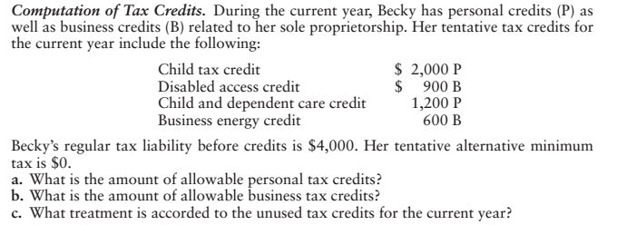 Solved Computation of Tax Credits. During the current year, | Chegg.com
