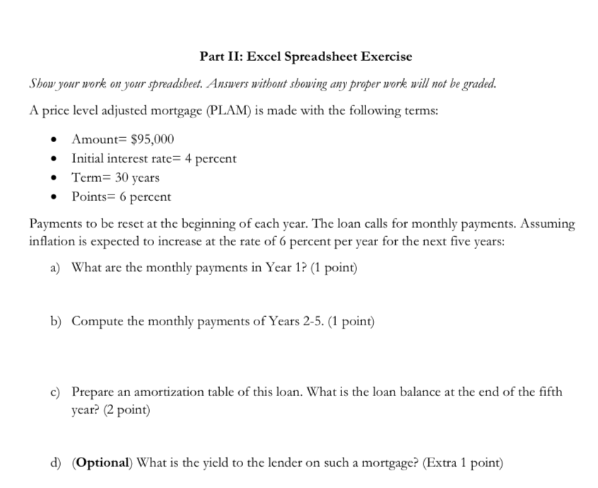 Part II: Excel Spreadsheet Exercise Shou your work on | Chegg.com