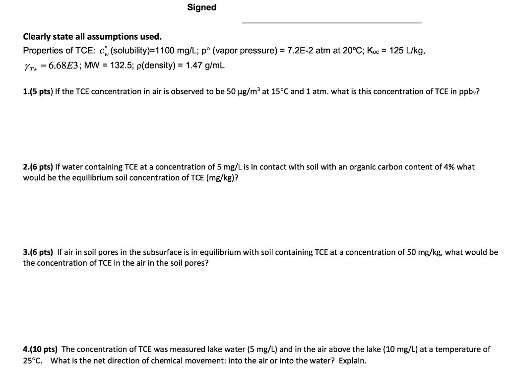 Properties of TCE: c degree _w (solubility)=1100 | Chegg.com