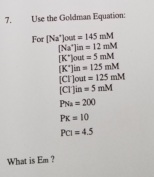 Solved Use the Goldman Equation: For [Na^+]out = 145 mM | Chegg.com