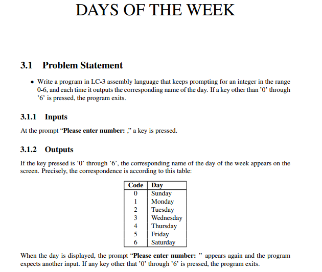 Solved DAYS OF THE WEEK 3.1 Problem Statement Write a | Chegg.com
