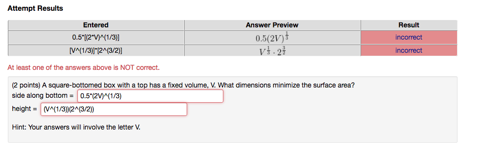 Solved Attempt Results Entered Answer Preview 0.5(2V) V3.22 | Chegg.com