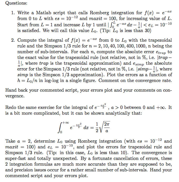 Questions 1 Write A Matlab Script That Calls Romberg 