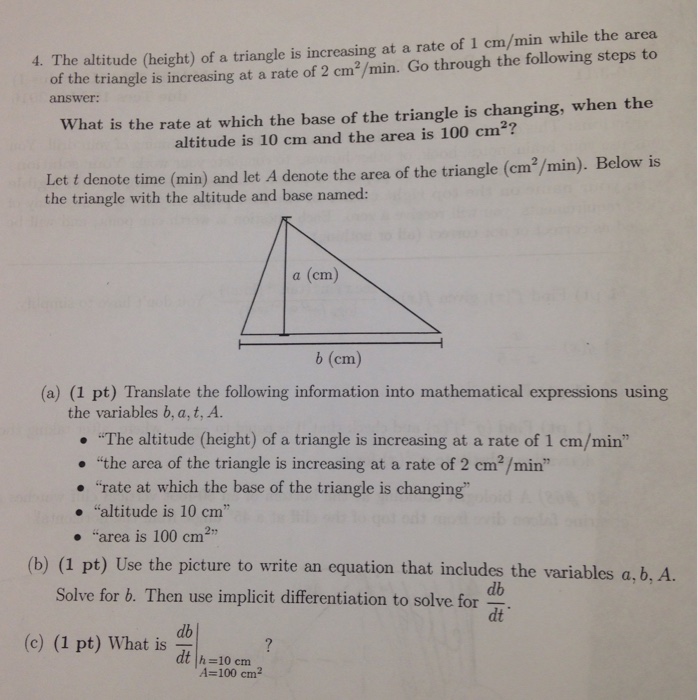 Solved The altitude (height) of a triangle is increasing at | Chegg.com
