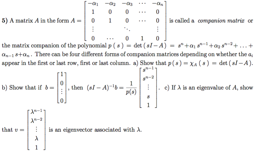 Solved A matrix A in the form A = is called a companion | Chegg.com