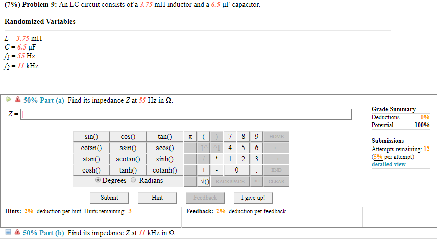 Solved (796) Problem 9: An LC circuit consists of a 3.75 mH | Chegg.com