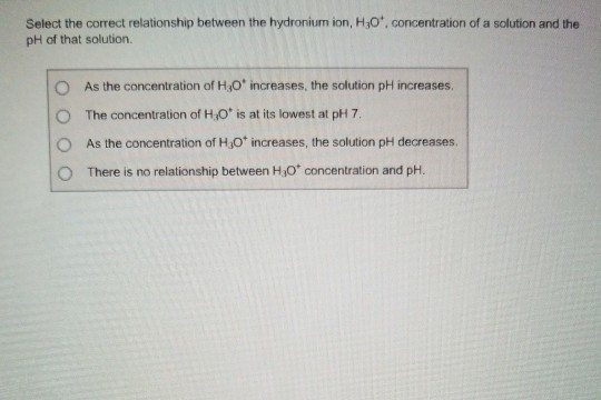 Solved Select the correct relationship between the hydronium | Chegg.com
