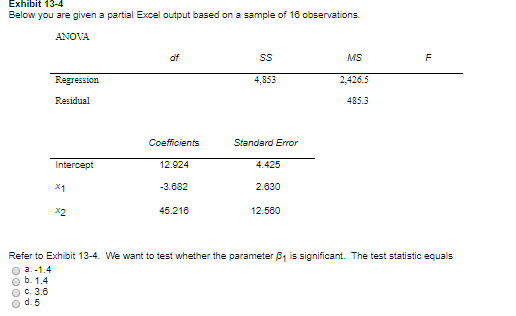 Solved Below you are given a partial Excel output based on a | Chegg.com