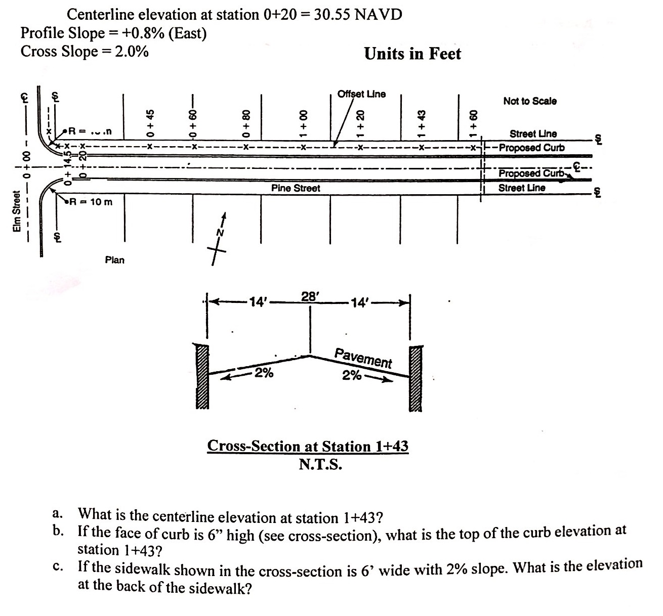Centerline elevation at station 0+20 = 30.55 NAVD | Chegg.com