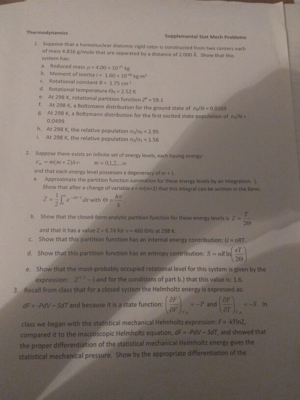 Solved Thermodynamics Supplemental Stat Mech Problems 1. | Chegg.com