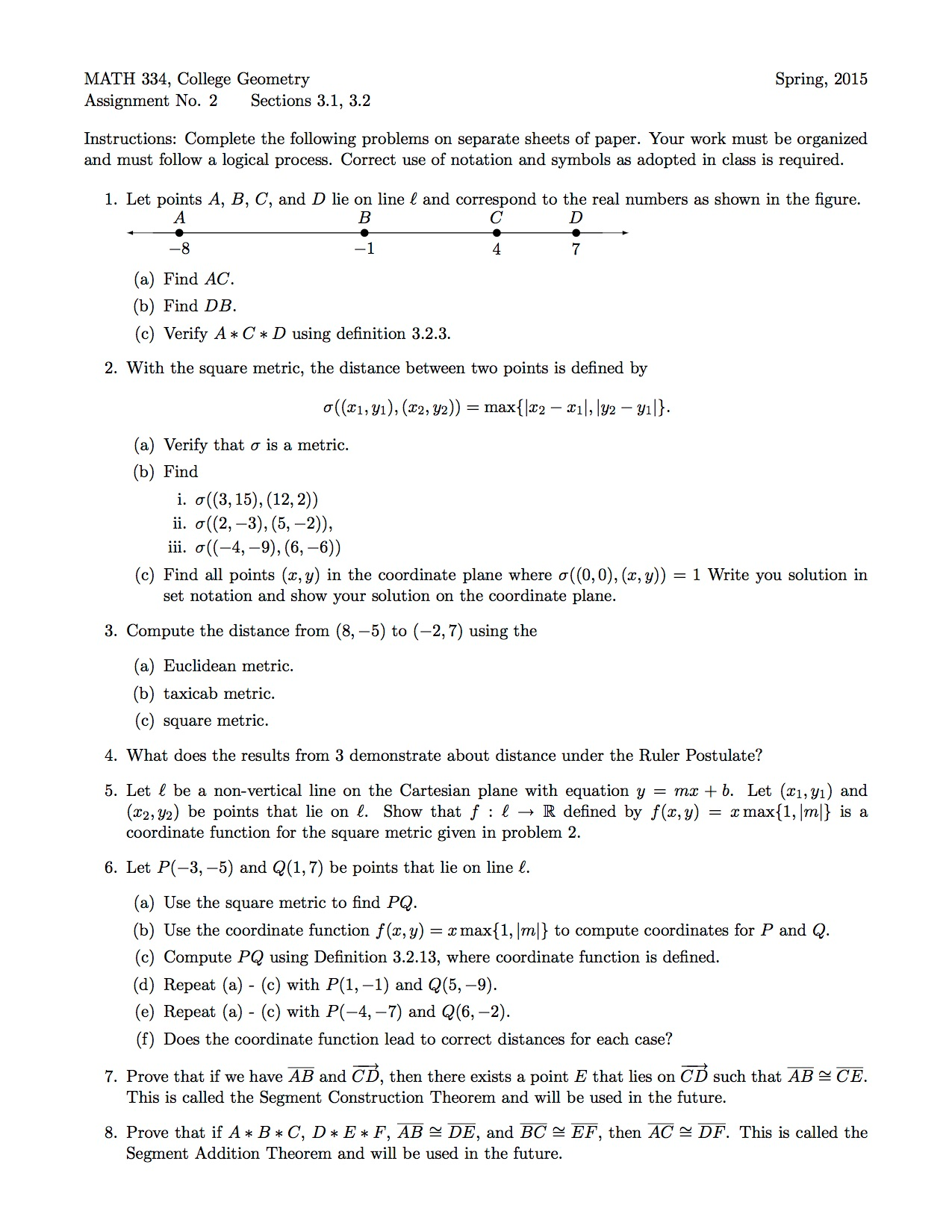 Solved Spring, 2015 MATH 334, College Geometry Assignment | Chegg.com