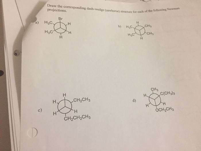 Solved Draw the corresponding dash-wedge (sawhorse) | Chegg.com