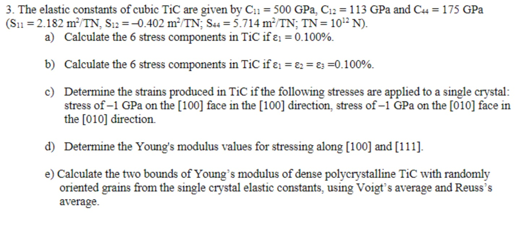 Solved The elastic constants of cubic TiC are given by C11= | Chegg.com