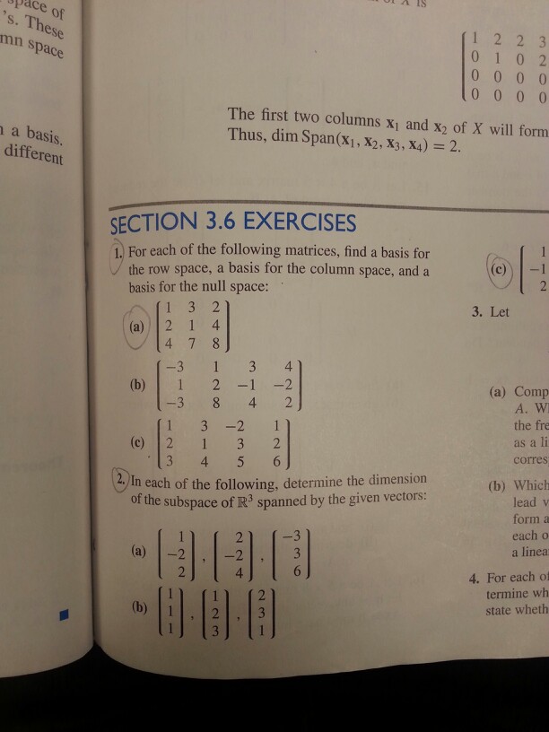 Solved For each of the following matrices, find a basis for | Chegg.com