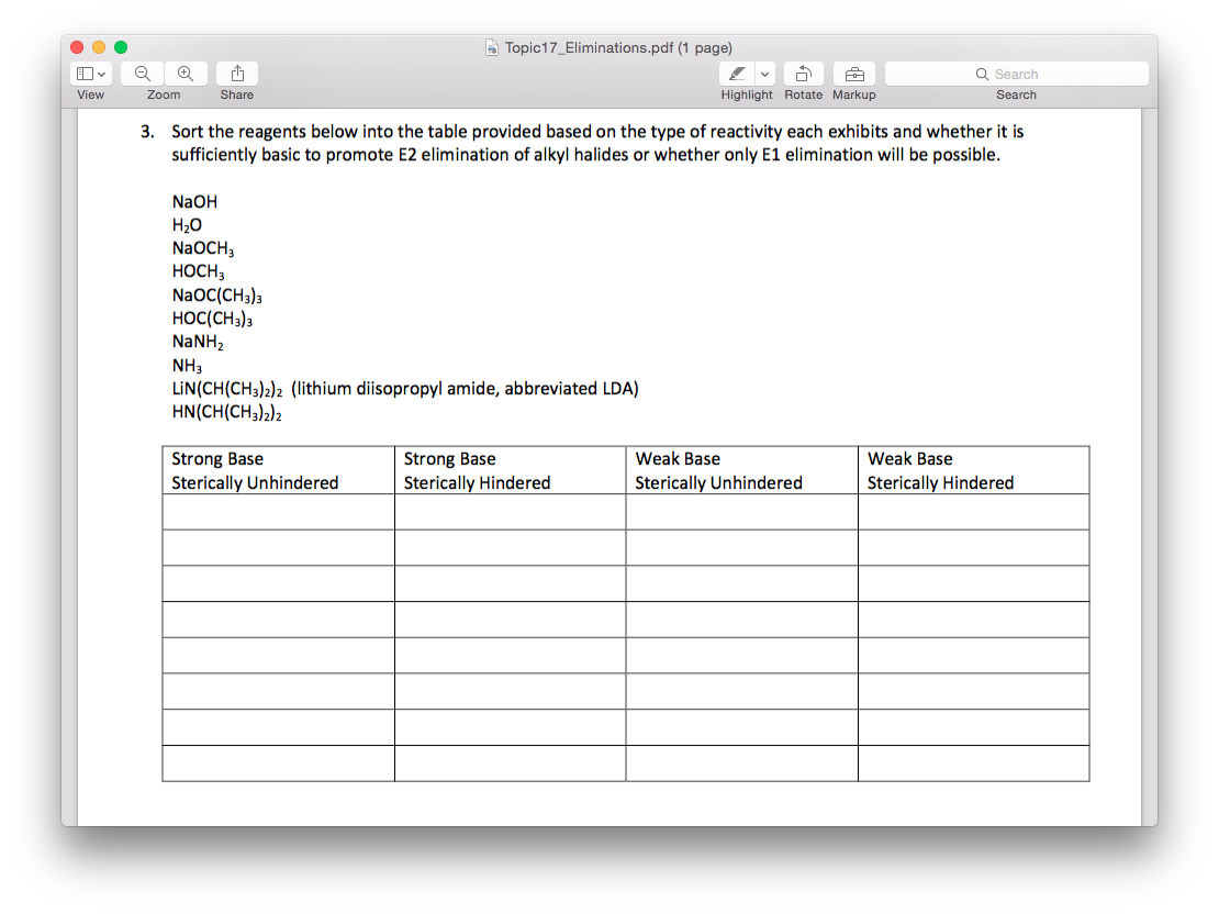 Solved 3. Sort the reagents below into the table provided | Chegg.com