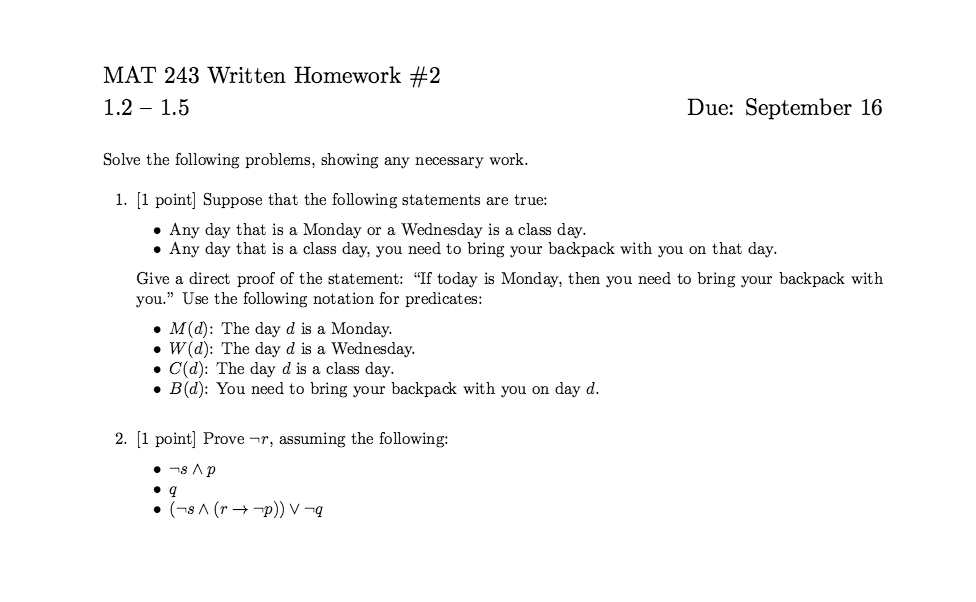 Solved MAT 243 Written Homework #2 1.2 - 1.5 Due: September | Chegg.com