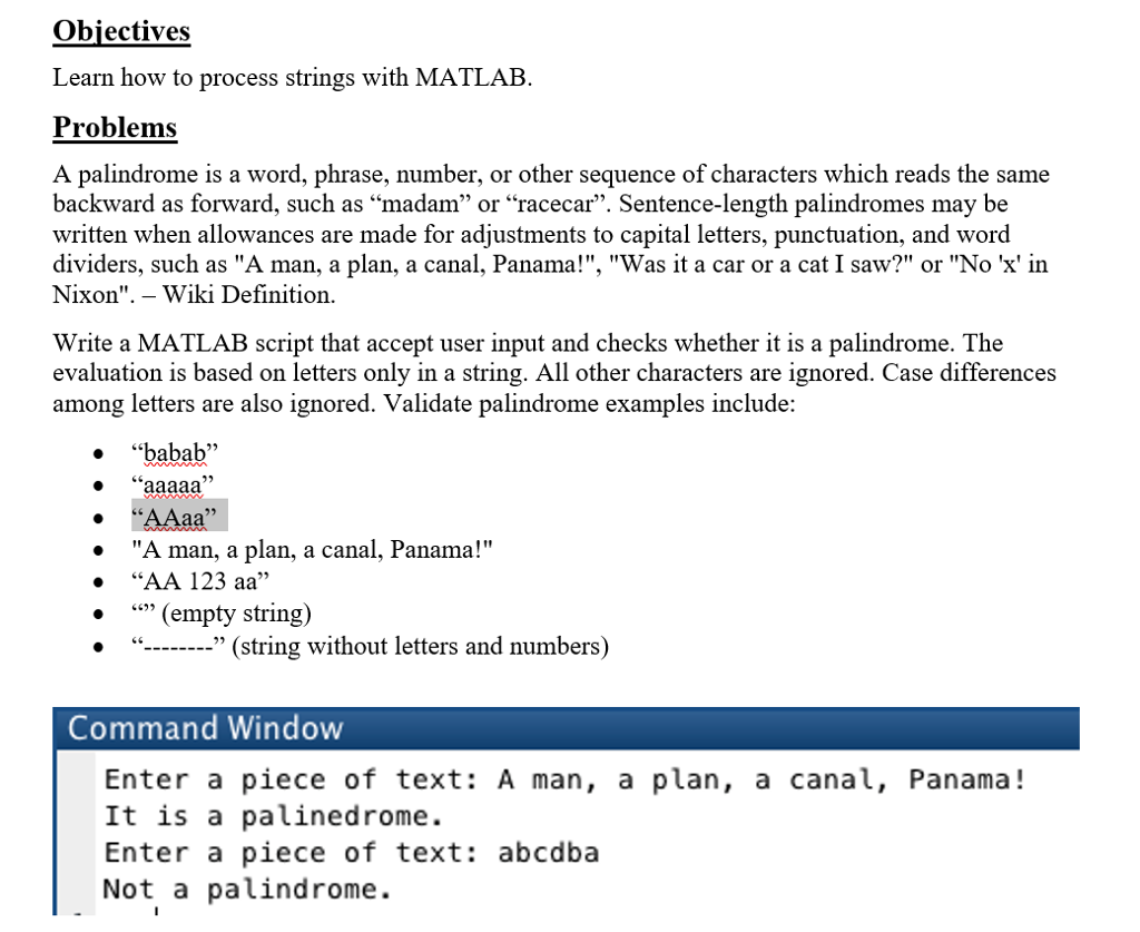 Solved Use Matlab A Palindrome Is A Word Phrase Number 