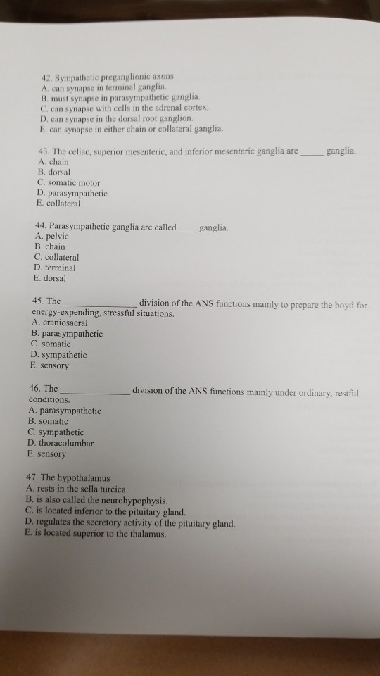 Solved 42. Sympathetic preganglionic axons A. can synapse in | Chegg.com
