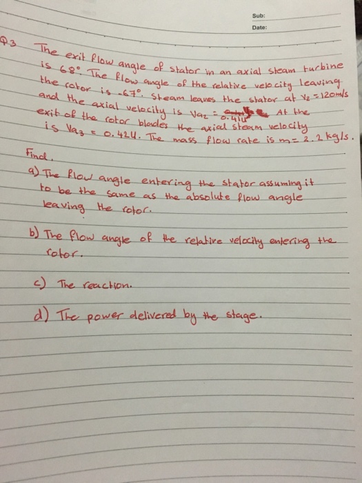 The exit flow angle of stator in an axial steam | Chegg.com