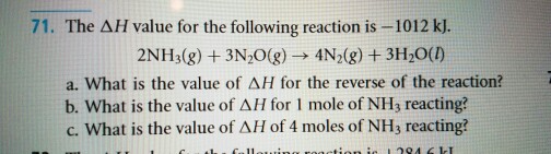 Solved The delta H value for the following reaction is-1012 | Chegg.com