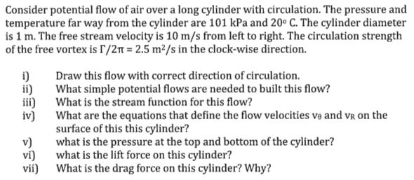 Consider potential flow of air over a long cylinder | Chegg.com