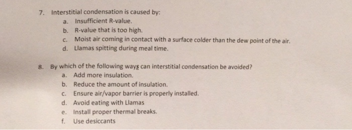 Solved Interstitial condensation is caused by: Insufficient | Chegg.com