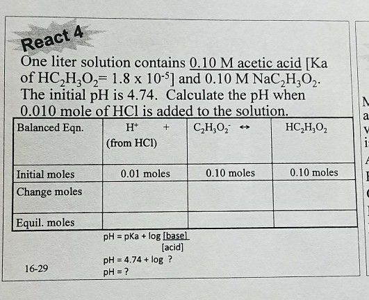Solved React 4 One liter solution contains 0.10 M acetic | Chegg.com