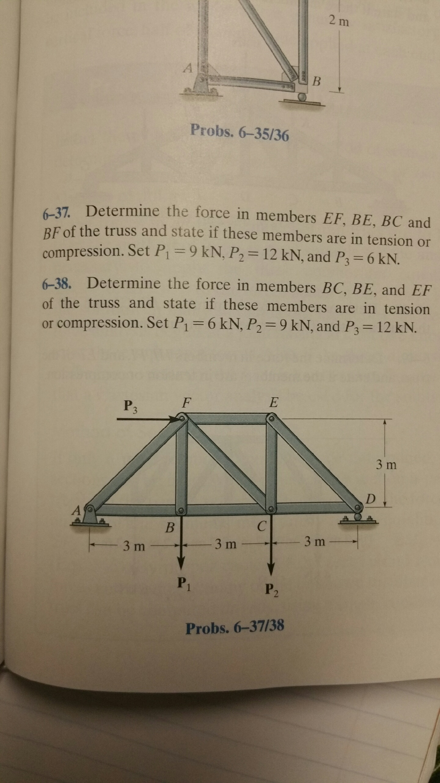 Solved 6-37 Determine the force in members EF, BE, BC, and | Chegg.com